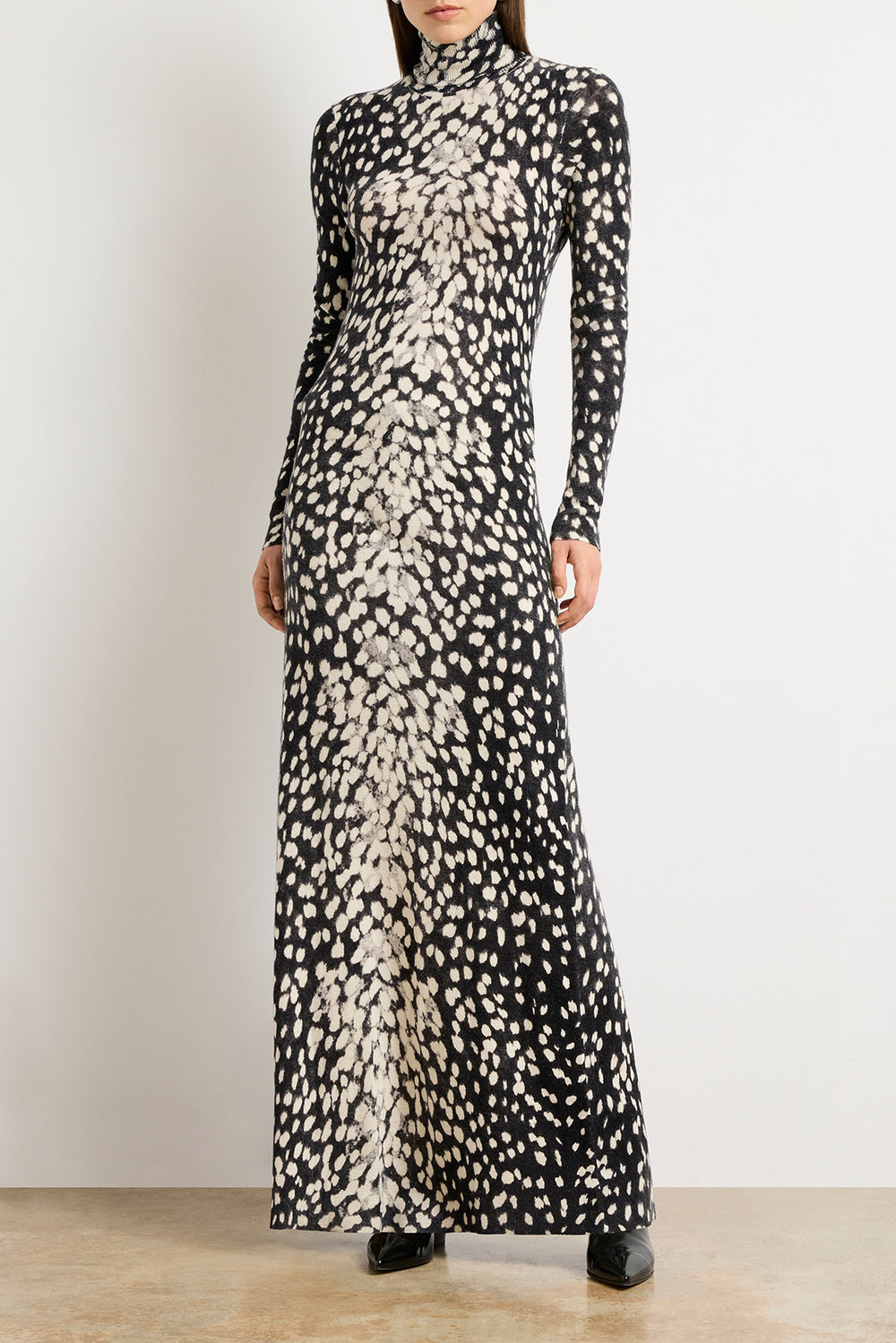The Camille Hand Printed Cashmere Turtleneck Dress in Snow Leopard