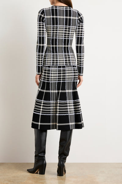 The Greer Zip Front Plaid Jacquard Knit Cardigan in Black Plaid