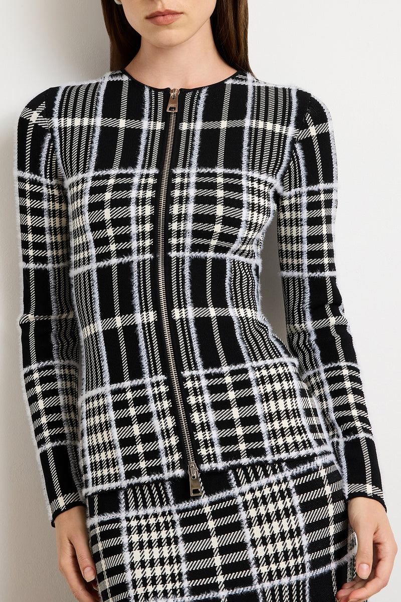 The Greer Zip Front Plaid Jacquard Knit Cardigan in Black Plaid