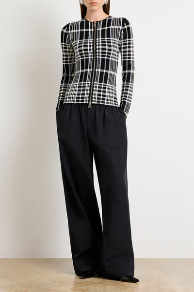 The Greer Zip Front Plaid Jacquard Knit Cardigan in Black Plaid