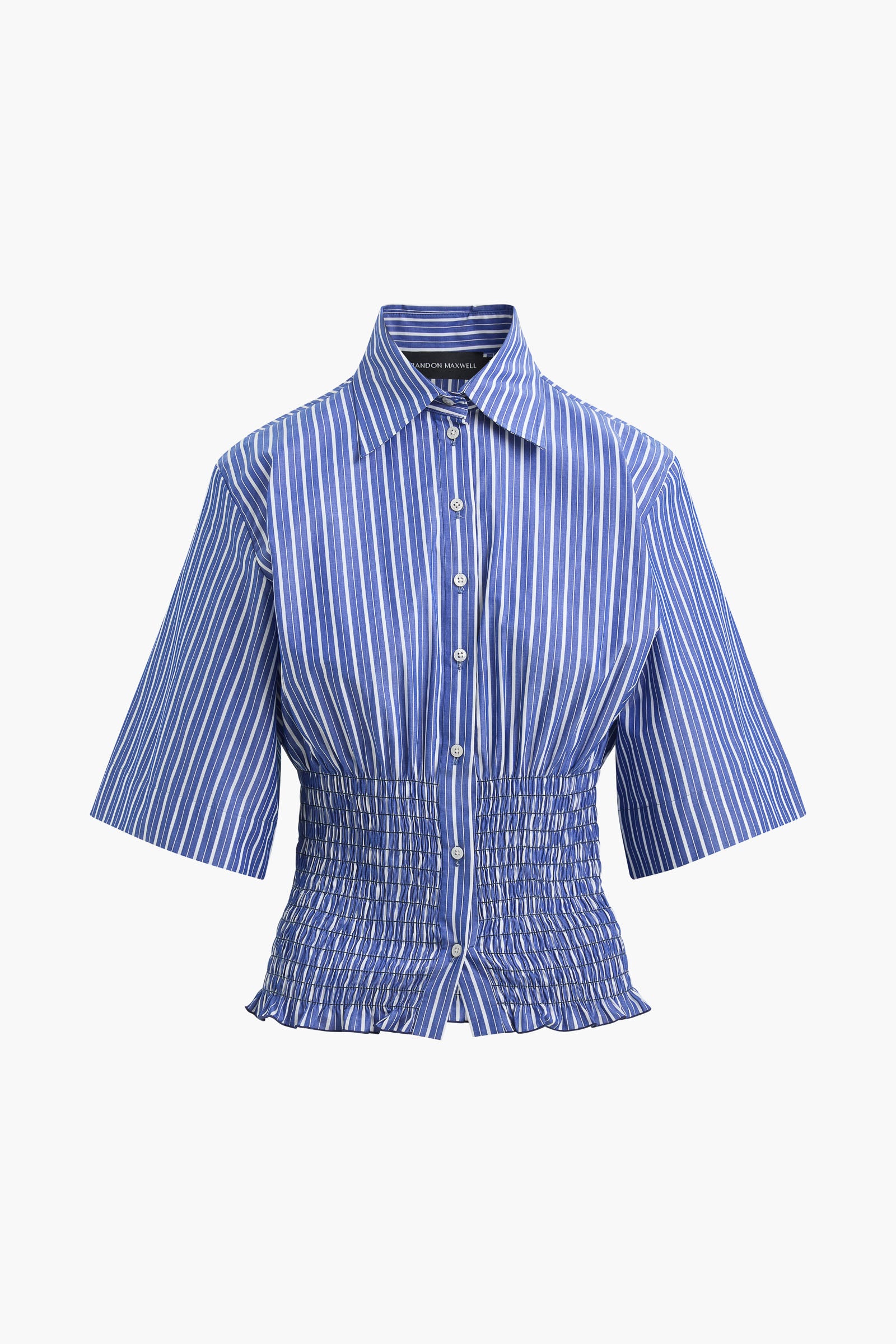 The Harte Smocked Button Up Top in Navy Striped Cotton